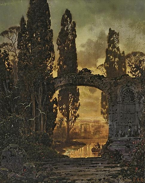 Ferdinand Knab | Evening Landscape with Ancient Temple Ruins | MutualArt