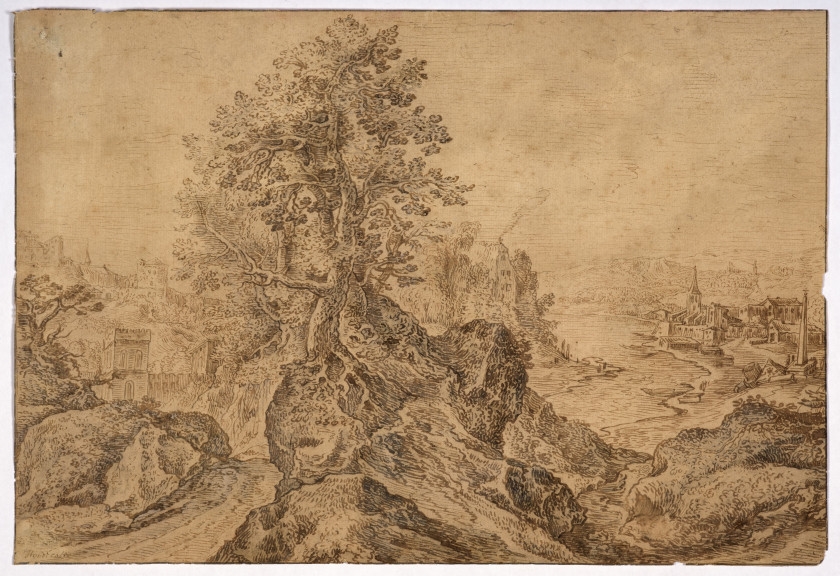 Flemish School 17th Century | Paysage animé avec un village au bord d'un cour d'eau | MutualArt