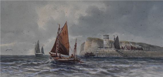 M. Goodman | Masted boats by harbour wall | MutualArt