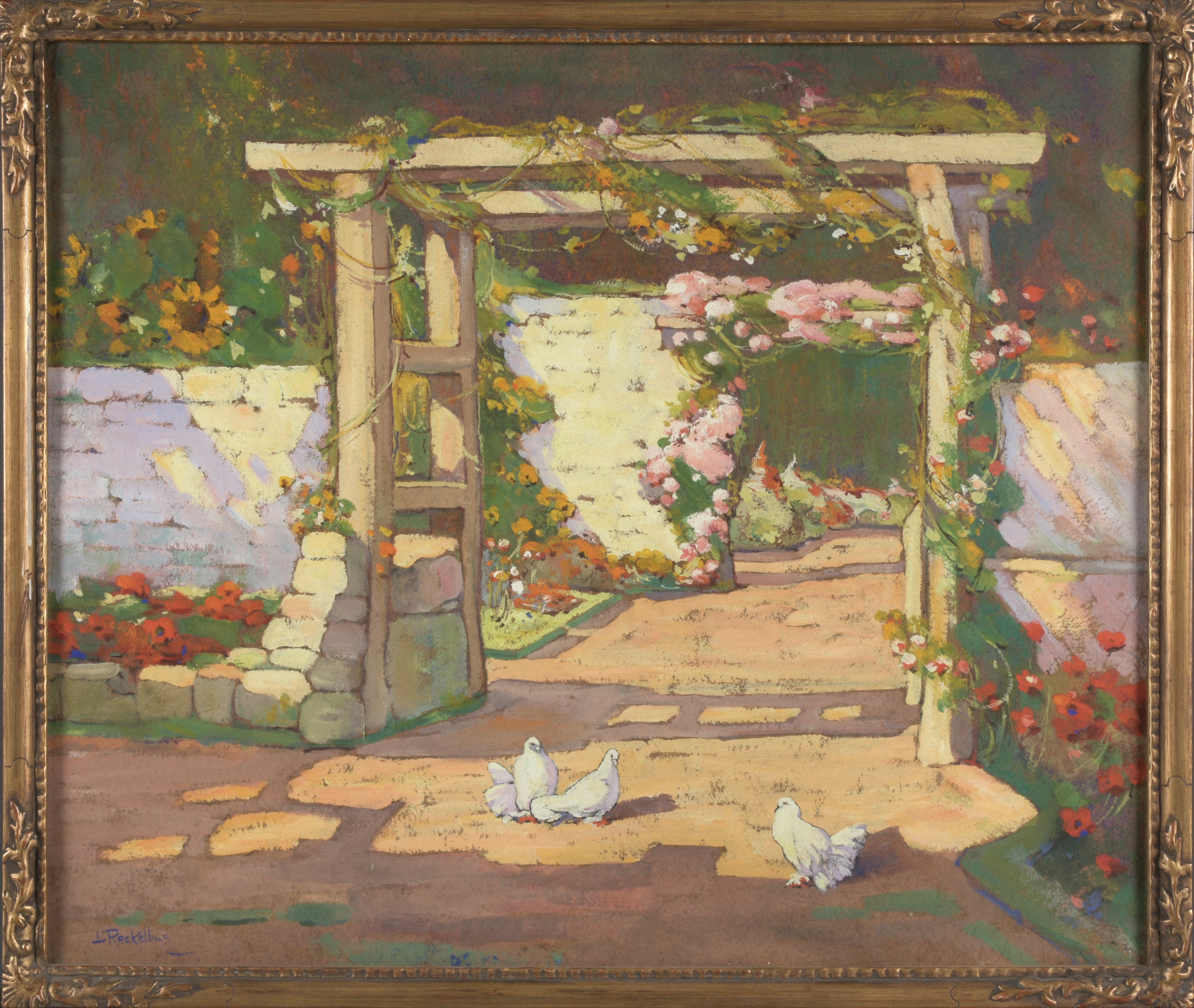 Louis Reckelbus | Bloementuin met tortelduiven | MutualArt