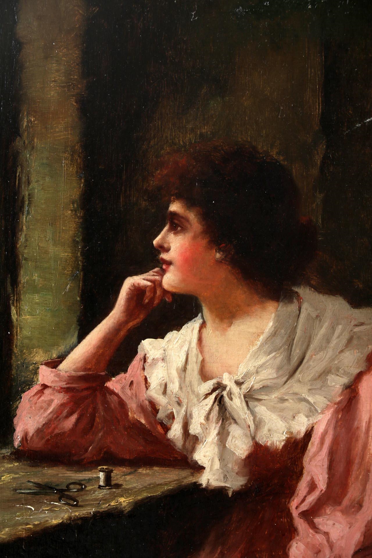 J.M. Colvin | Dromende dame met naaiwerkje bij venster | MutualArt