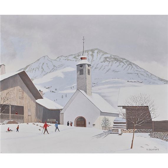 Roger Delaporte | Church with Skiers in Winter | MutualArt