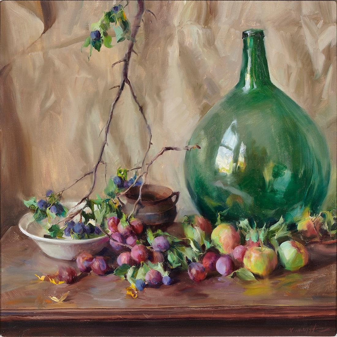 Quang Ho | Still Life with Apples, Plums, and a Green Glass Bottle ...