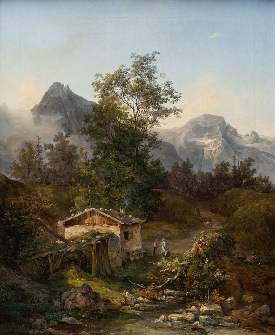 Georg Geyer | Berglandschap met figuren bij een chalet | MutualArt