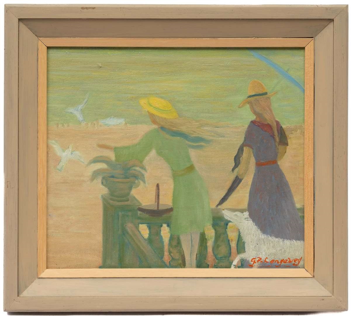 Ger Langeweg | Twee elegante dames met een hond op een terras aan het ...