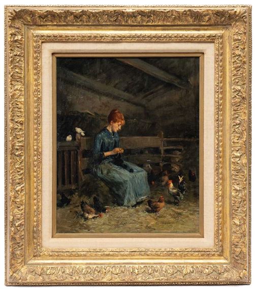 Walter Biddlecombe | Breiende vrouw in een stal met kippen (1891 ...