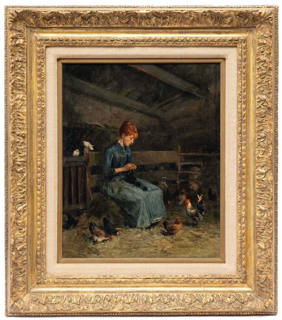 Walter Biddlecombe | Breiende vrouw in een stal met kippen (1891 ...