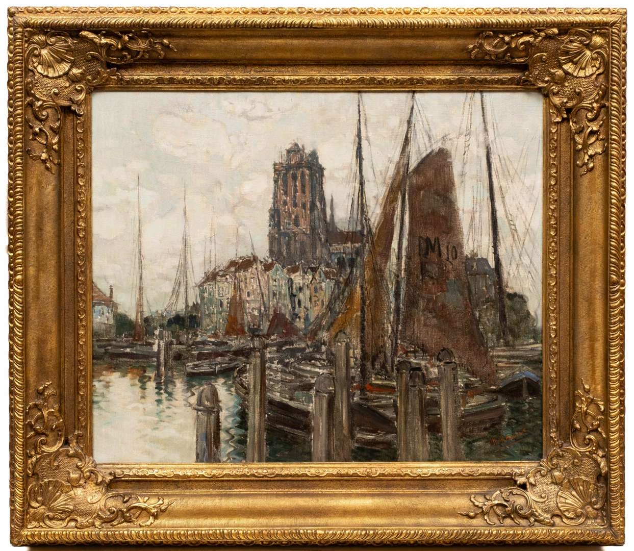 Otto Hamel | Gezicht op de haven van Dordrecht met de Grote kerk in de ...