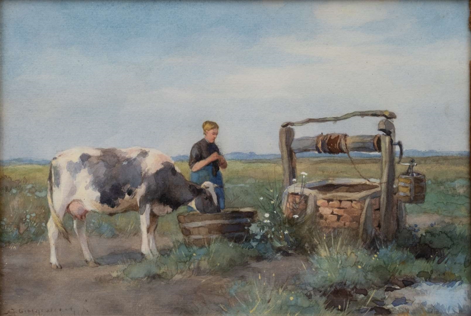 Adrianus Johannes Groenewegen | Boerin met drinkende koe naast een ...