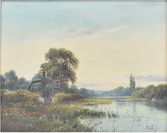 Edwin Cole | A thatched country cottage river scene | MutualArt