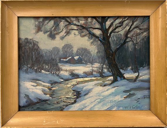 Thomas R. Curtin | Winter scene with stream and barn in distance ...