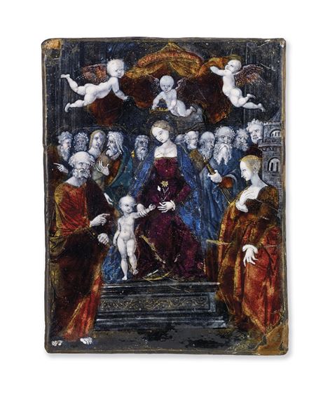 Jean II Pénicaud | A LIMOGES ENAMEL PLAQUE DEPICTING THE VIRGIN AND CHILD ACCOMPANIED BY SAINTS ...