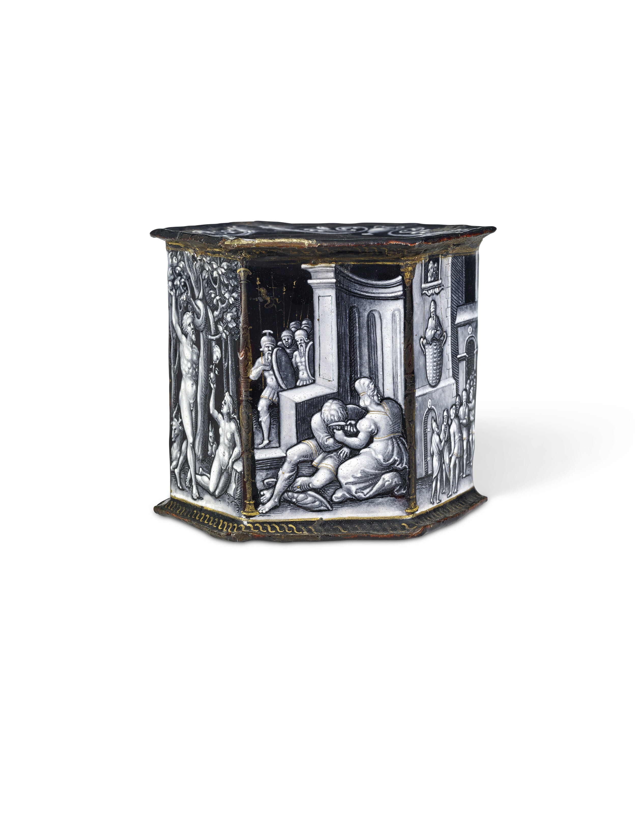 Pierre Reymond | A HEXAGONAL LIMOGES ENAMEL SALT CELLAR DEPICTING THE ...