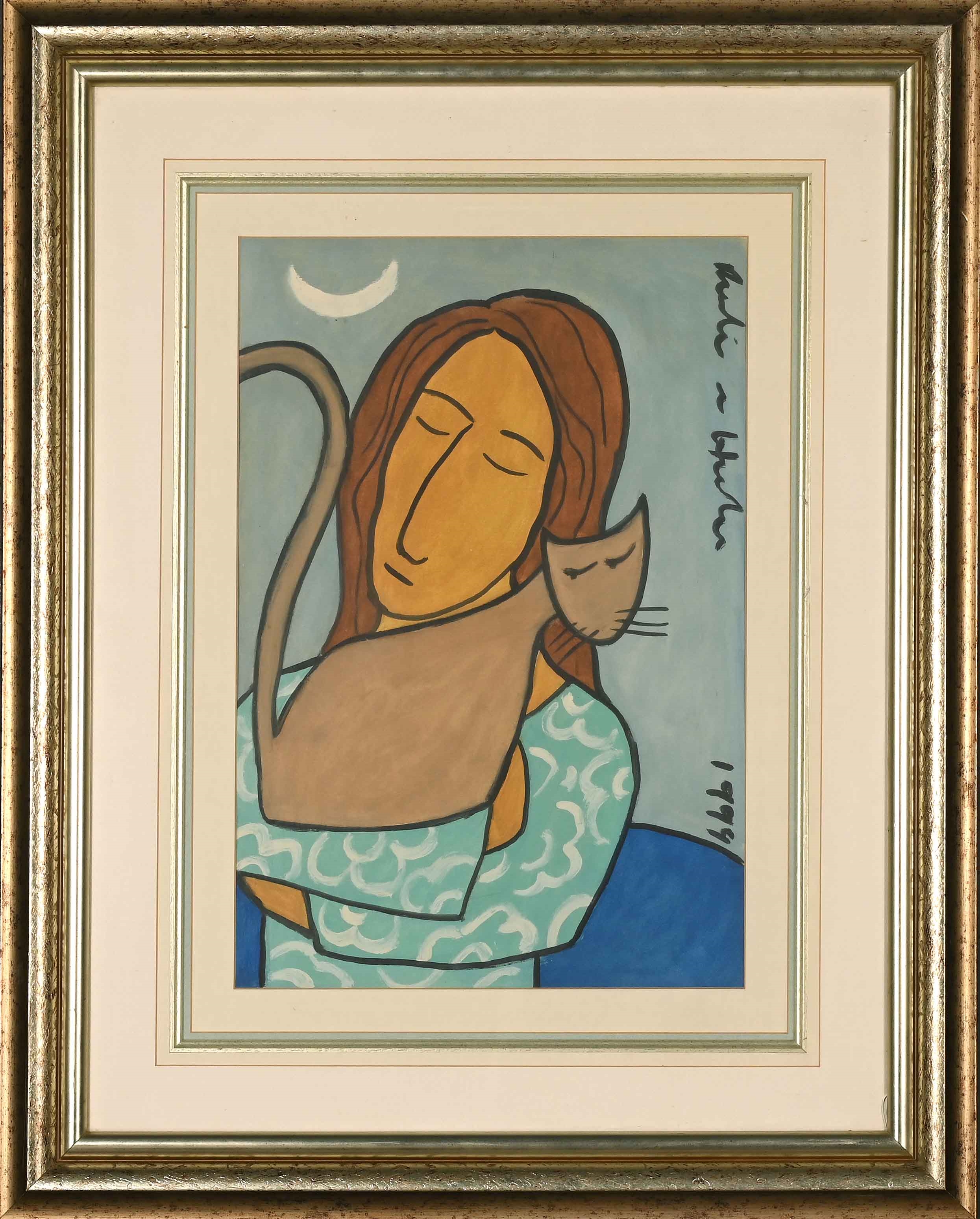 Roelie van Heerden | Lady Hugging Cat Beneath the Moon (1999) | MutualArt