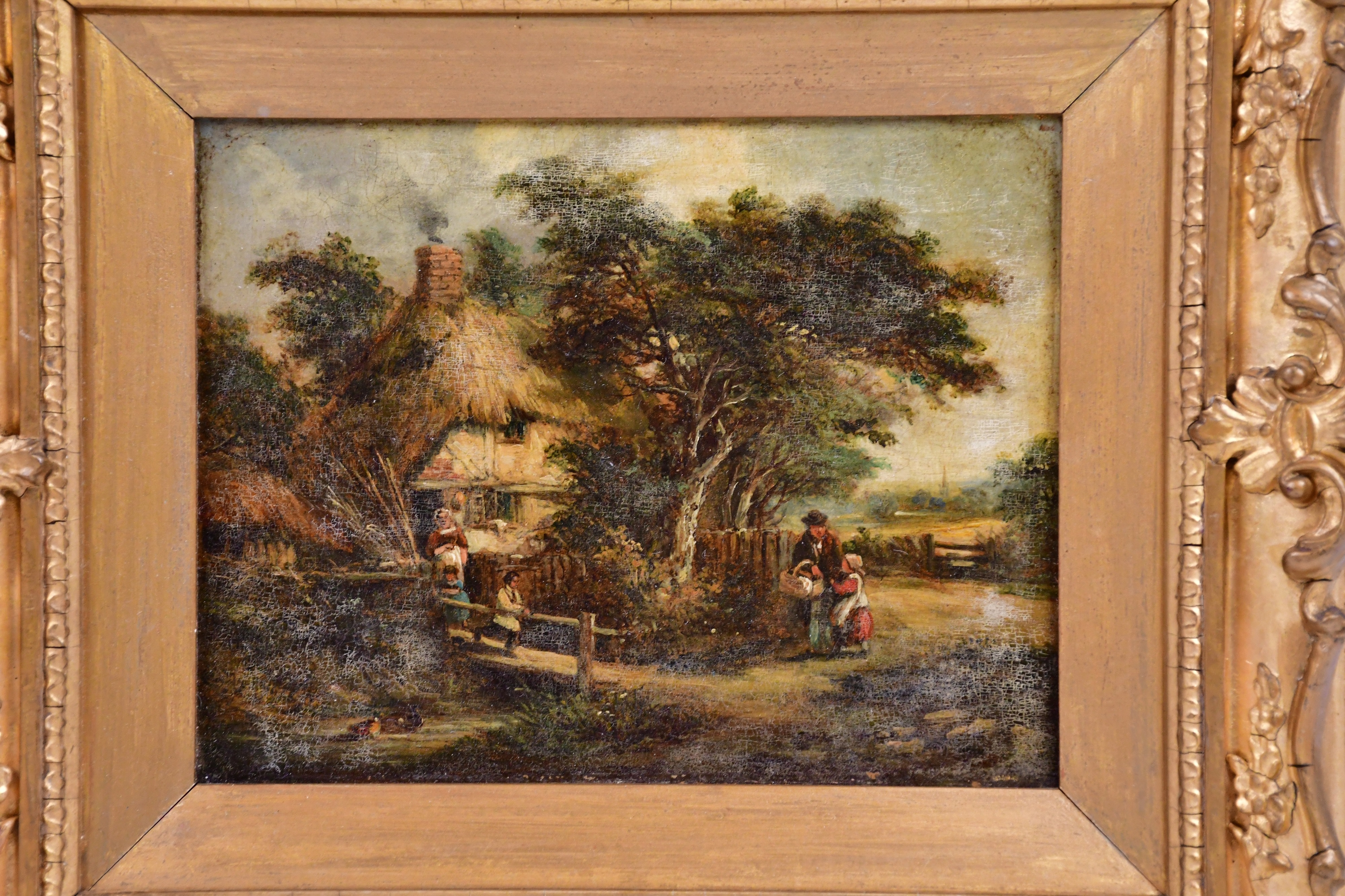 Thomas Creswick | cattle at lake scene and figures beside thatched ...