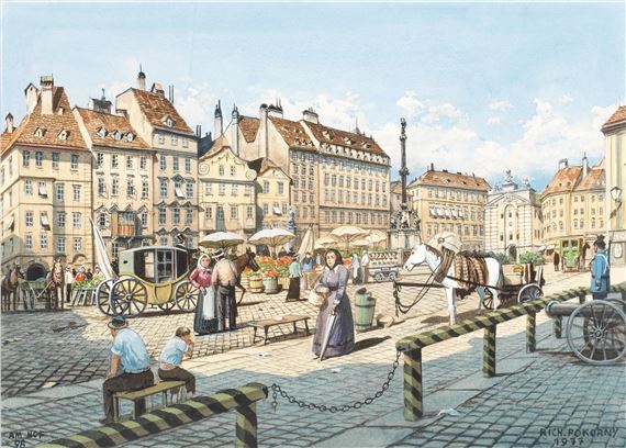 Richard Pokorny | Market Am Hof in Vienna with figure staffage (1977 ...