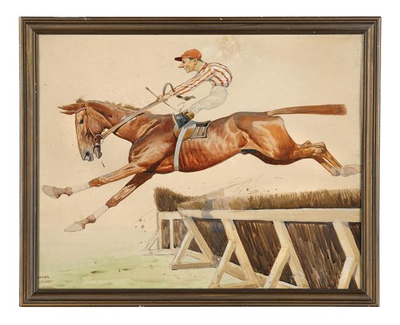 Carl Franz Bauer | A jockey on a chestnut jumping over an obstacle at a ...