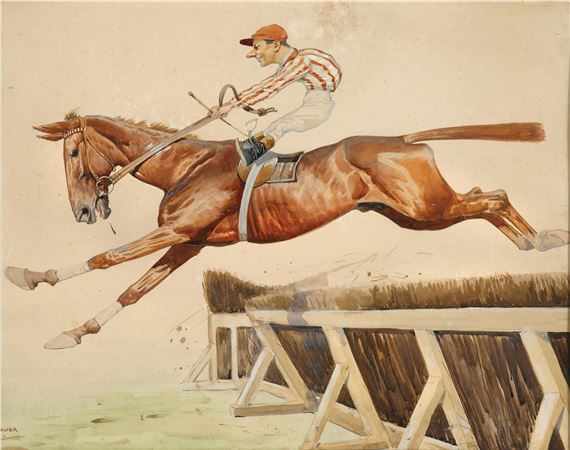 Carl Franz Bauer | A jockey on a chestnut jumping over an obstacle at a ...