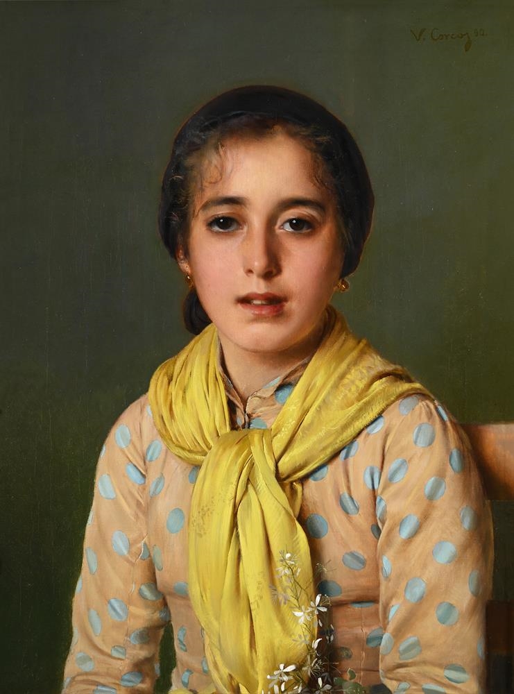 Vittorio Matteo Corcos | PORTRAIT OF A GIRL IN A YELLOW SHAWL | MutualArt