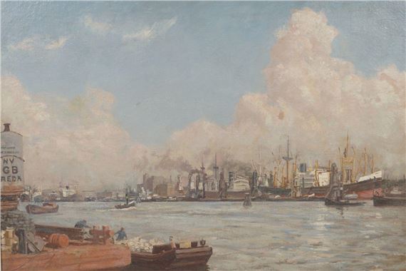 Herman Mees | Busy Dutch sea port (1948) | MutualArt