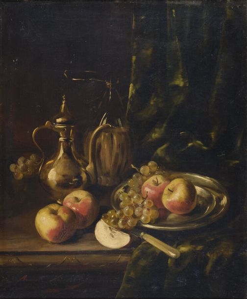 Alfred Brunel de Neuville | Still life with copper and fruit. | MutualArt