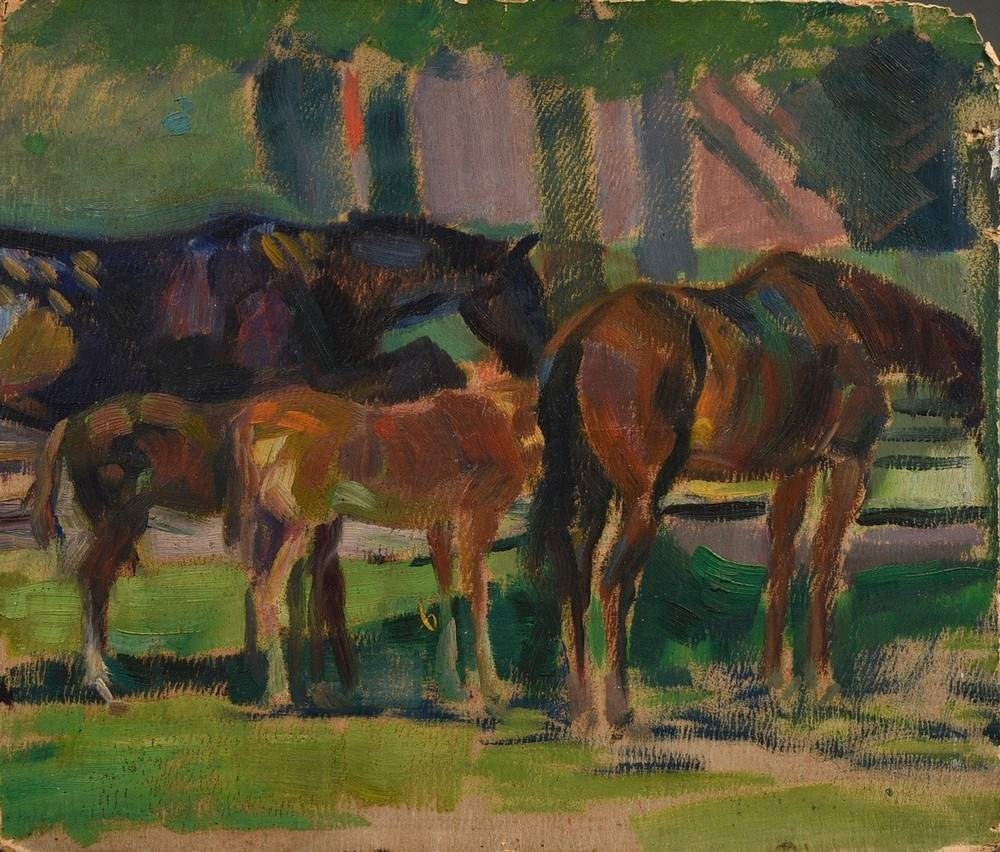 Rudolf Fredderich | Horses with foals at the watering place | MutualArt