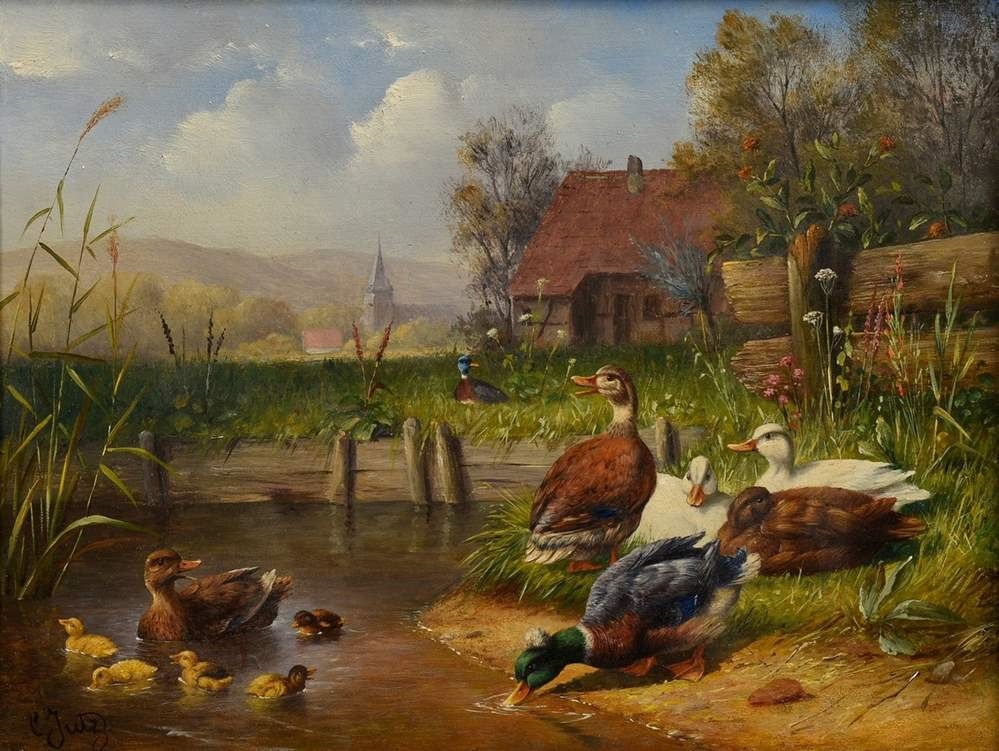 Carl Jutz the Elder | Ducks and chicks at the farm pond | MutualArt