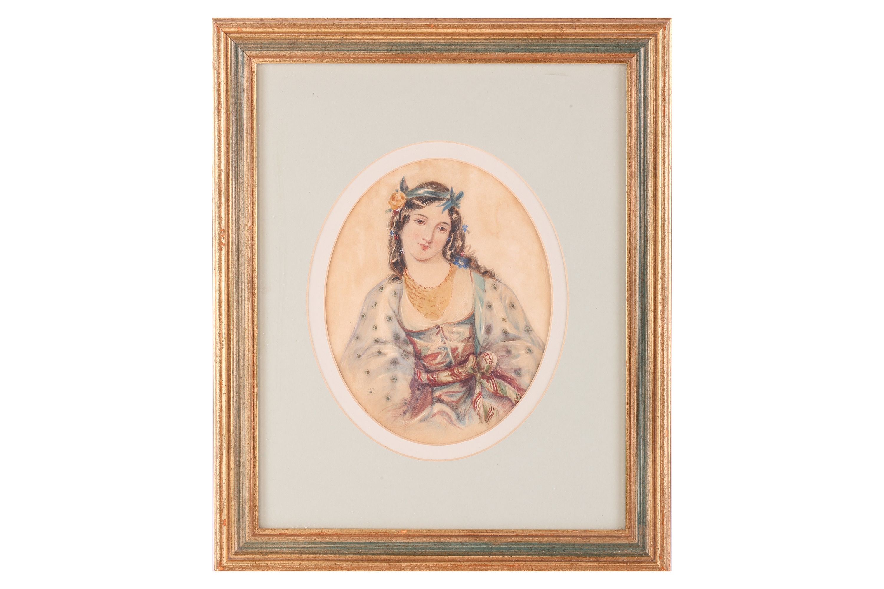 Sarah Biffin | half-length oval portrait of a lady with flowers in her ...