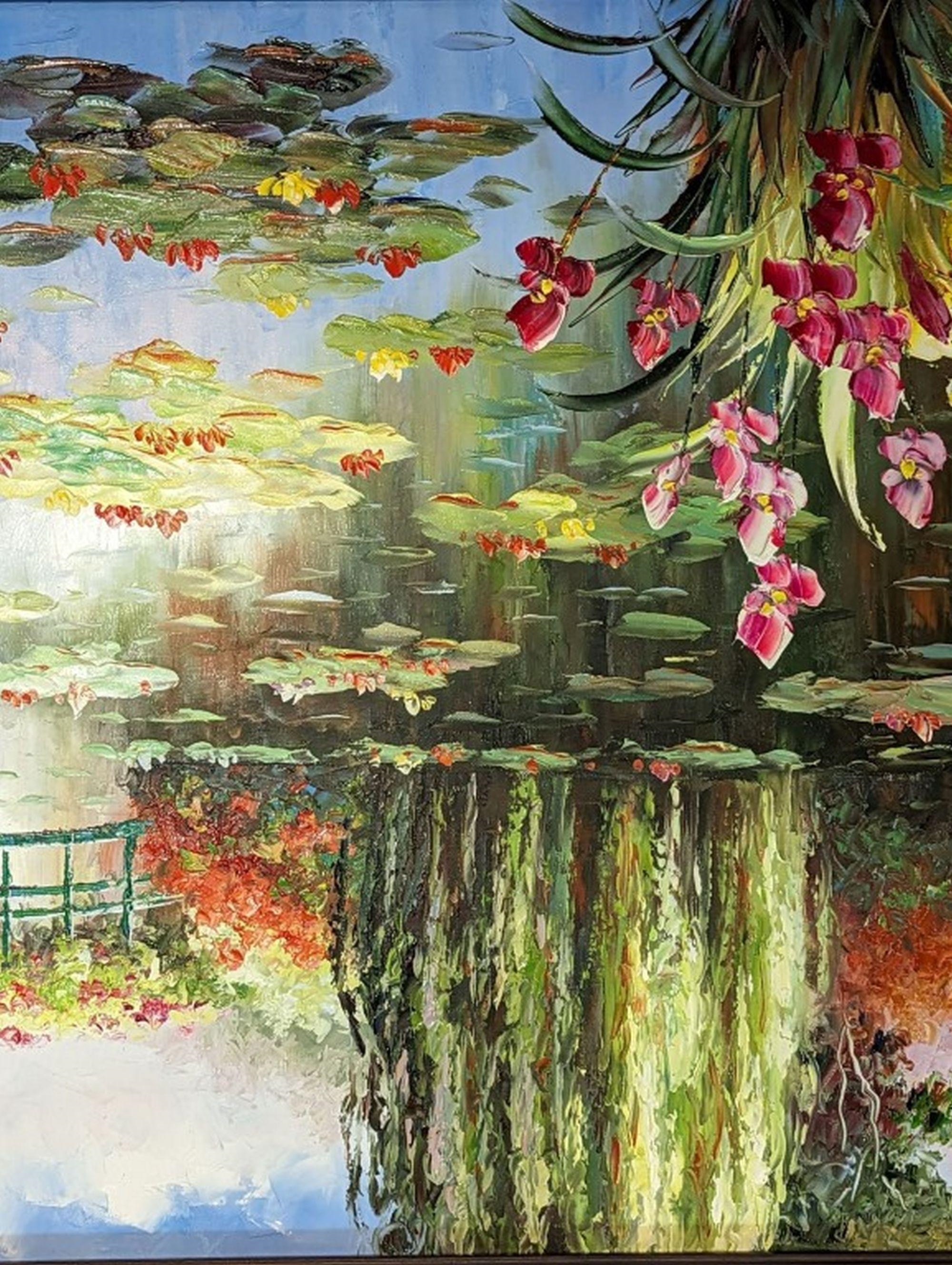 Claude Monet | A bridge over a lily pad filled pond | MutualArt