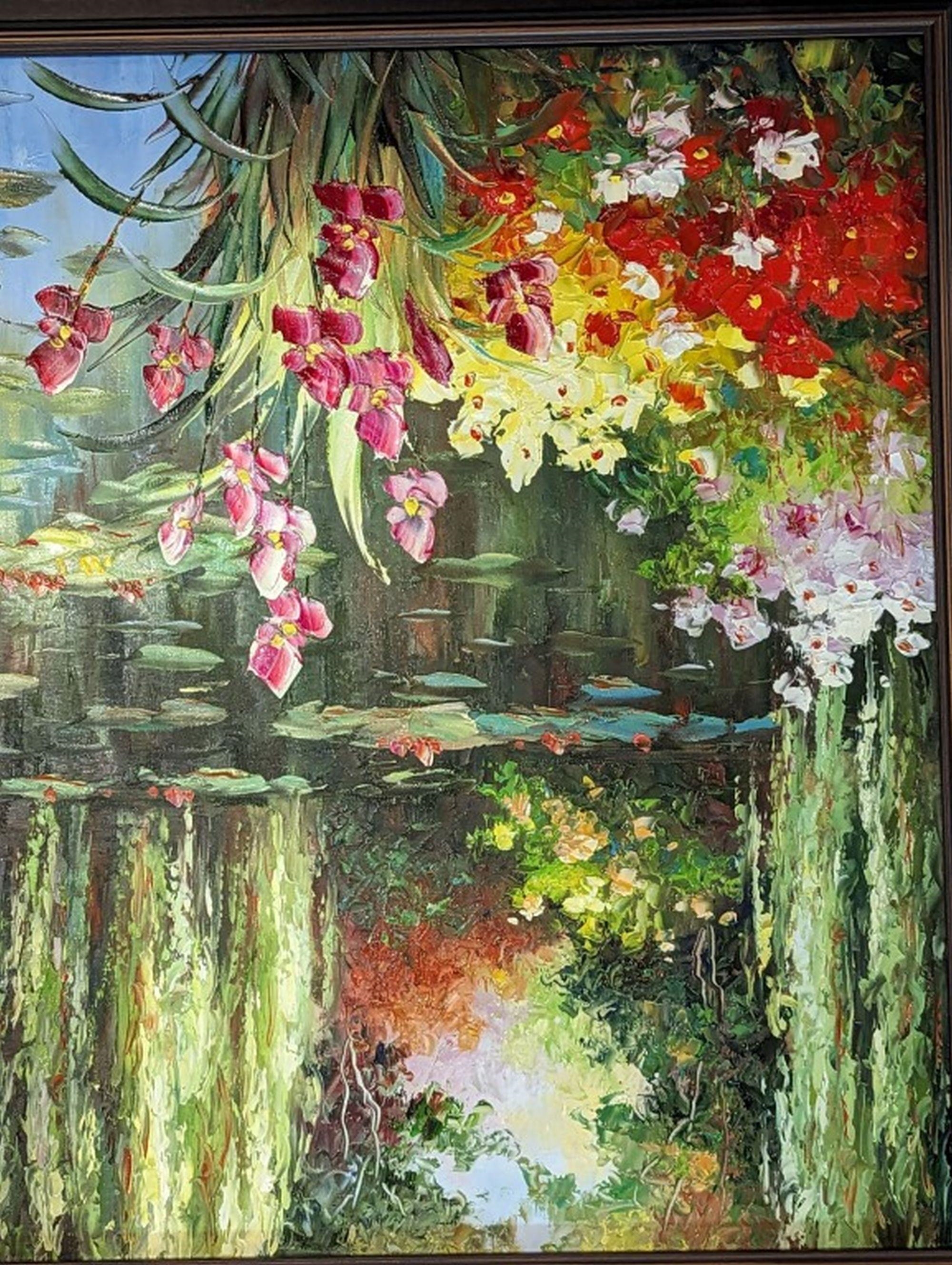 Claude Monet | A bridge over a lily pad filled pond | MutualArt