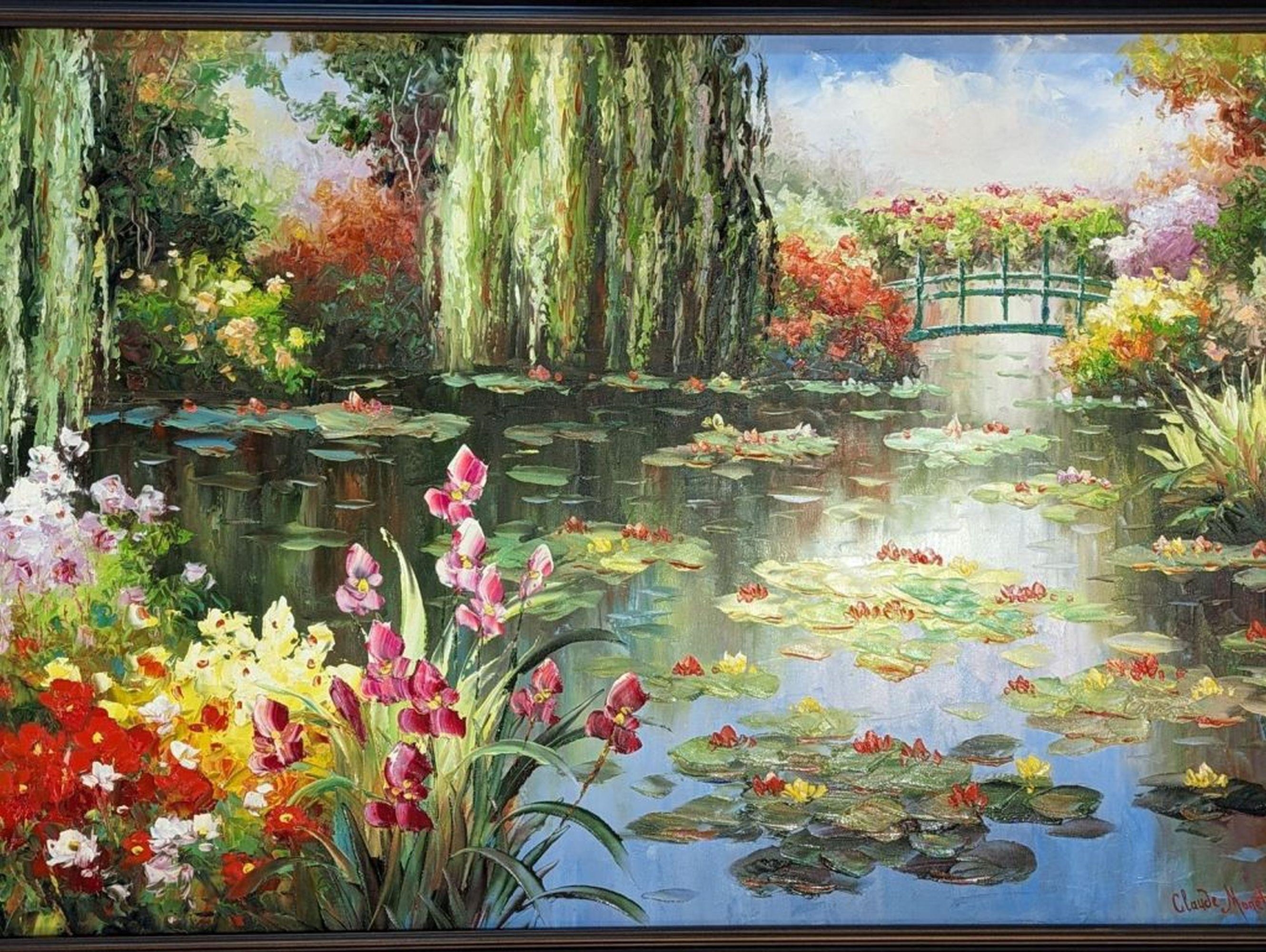 Claude Monet | A bridge over a lily pad filled pond | MutualArt