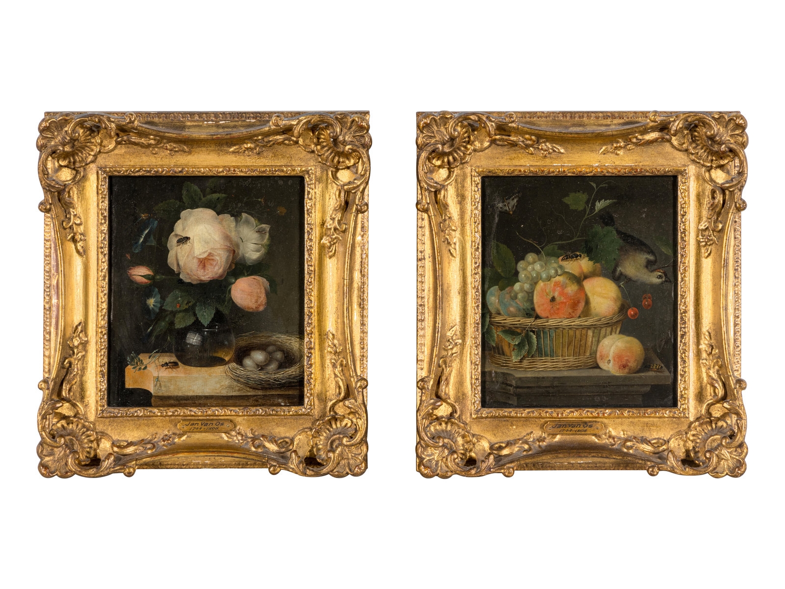 Jan Van Os | Roses in a Glass Vase and Fruit in a Wicker Basket with ...