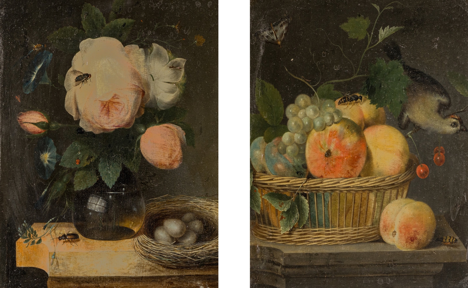 Jan Van Os | Roses in a Glass Vase and Fruit in a Wicker Basket with ...