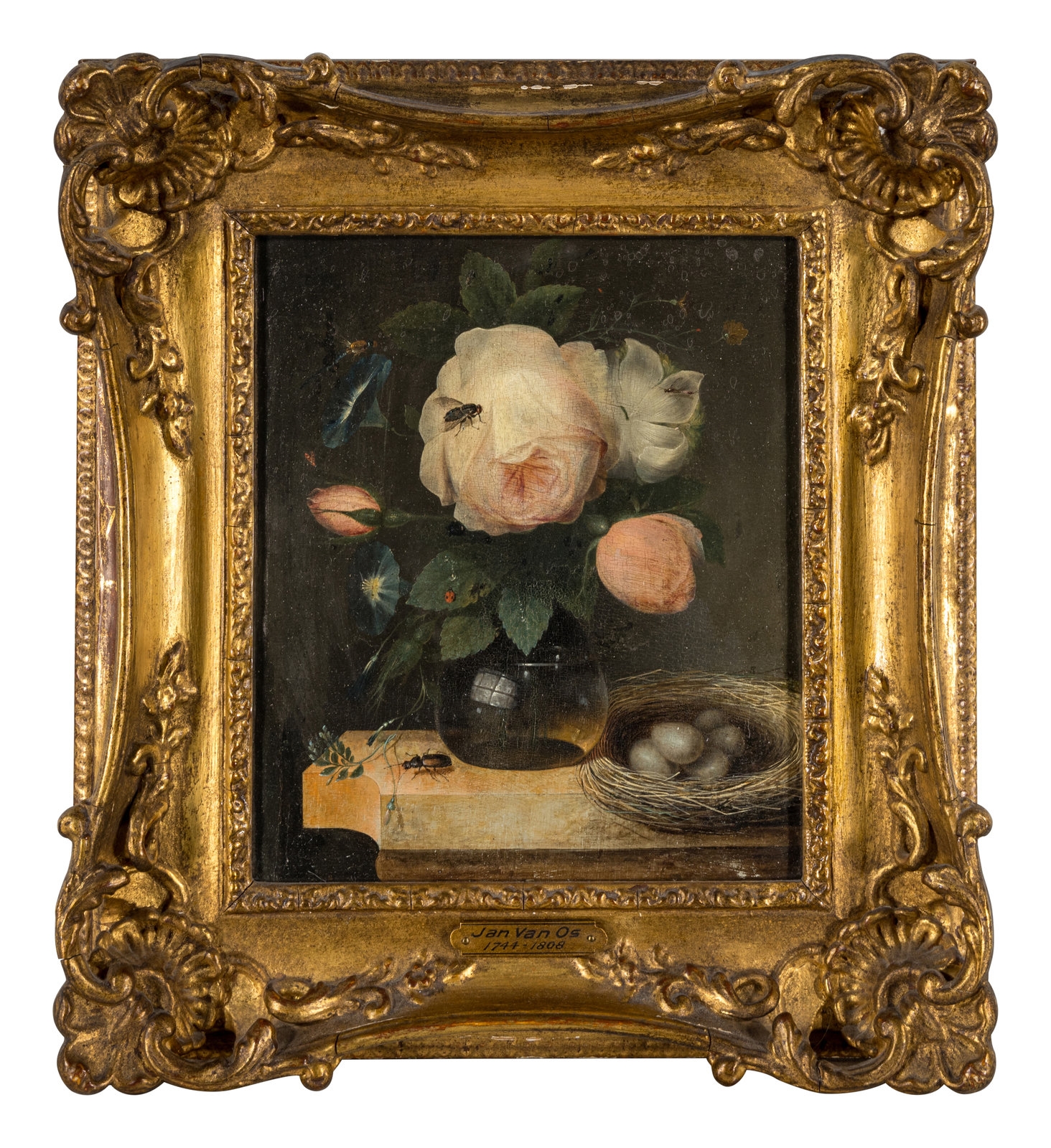 Jan Van Os | Roses in a Glass Vase and Fruit in a Wicker Basket with ...