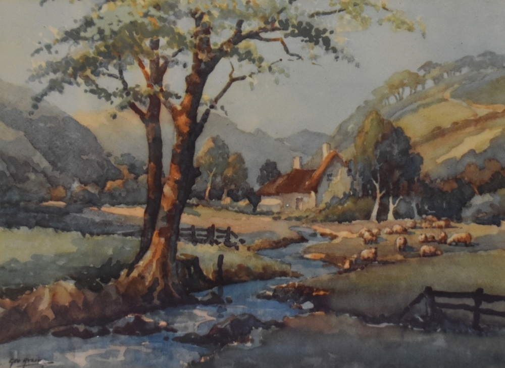 George Ayling | A pastoral landscape with sheep grazing beside | MutualArt