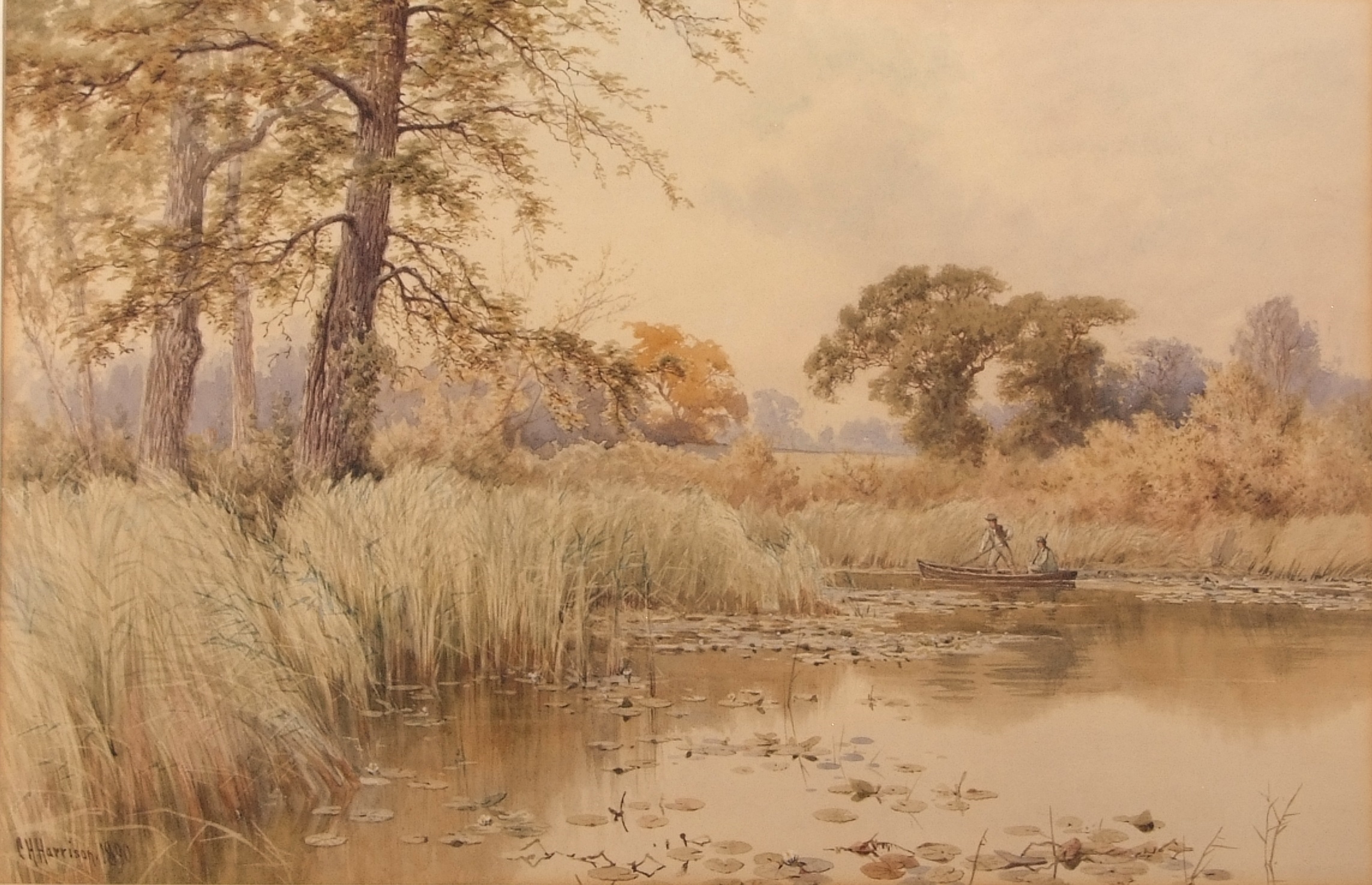 Charles Harmony Harrison | a river landscape with two men in a boat ...