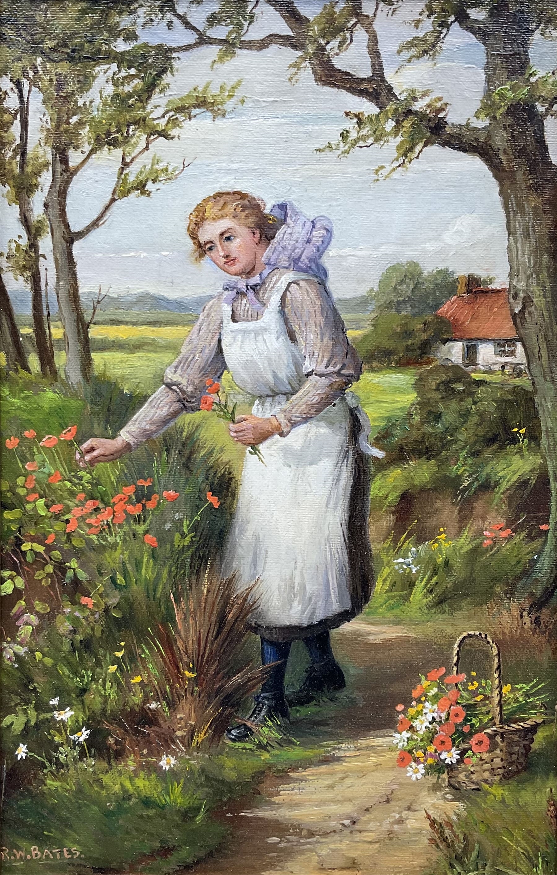 Robert William Bates | Young Woman Picking Flowers | MutualArt