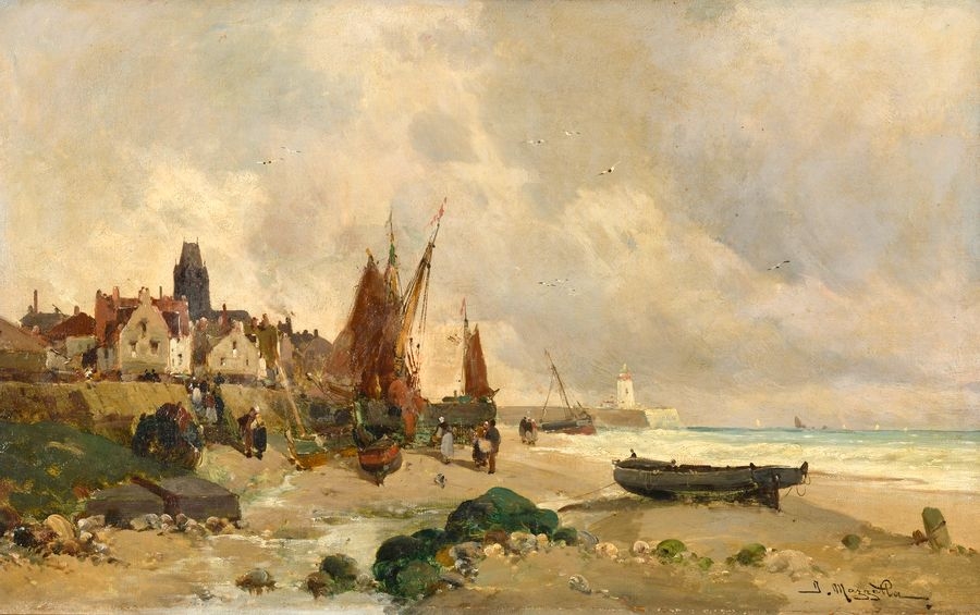 Jean Mazzella | Plage aux bateaux devant un village de pêcheurs | MutualArt