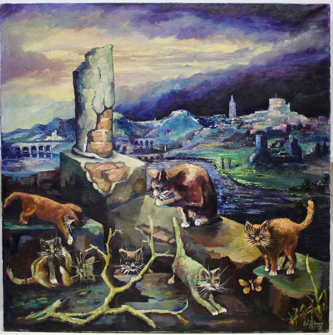 Dutch School, 20th Century | Stadsgezicht met katten | MutualArt