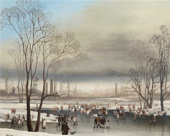 Brian Shields | Figures in a frozen landscape before an industrial town ...