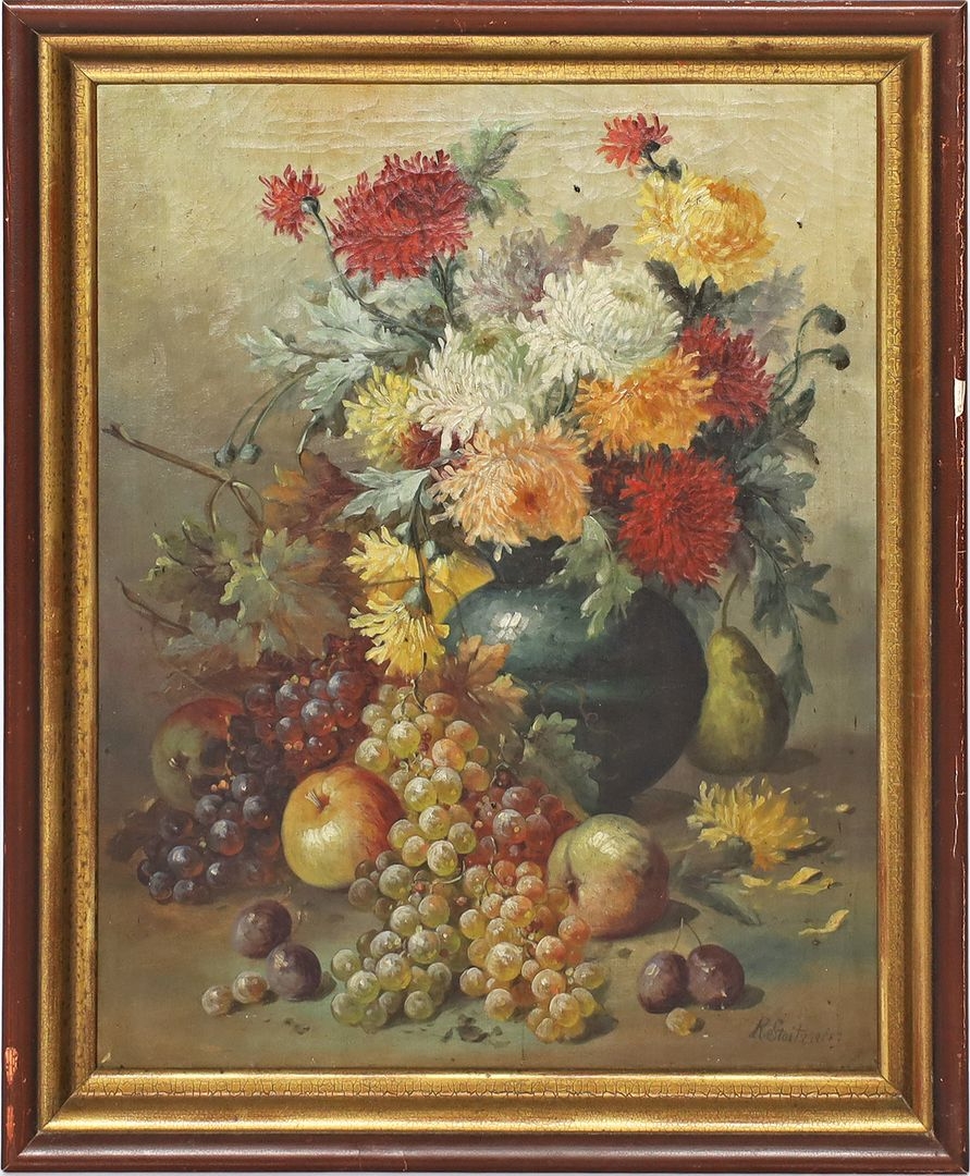 Rudolf Stoitzner | Stillleben mit Früchten und Strauß Astern in einer ...