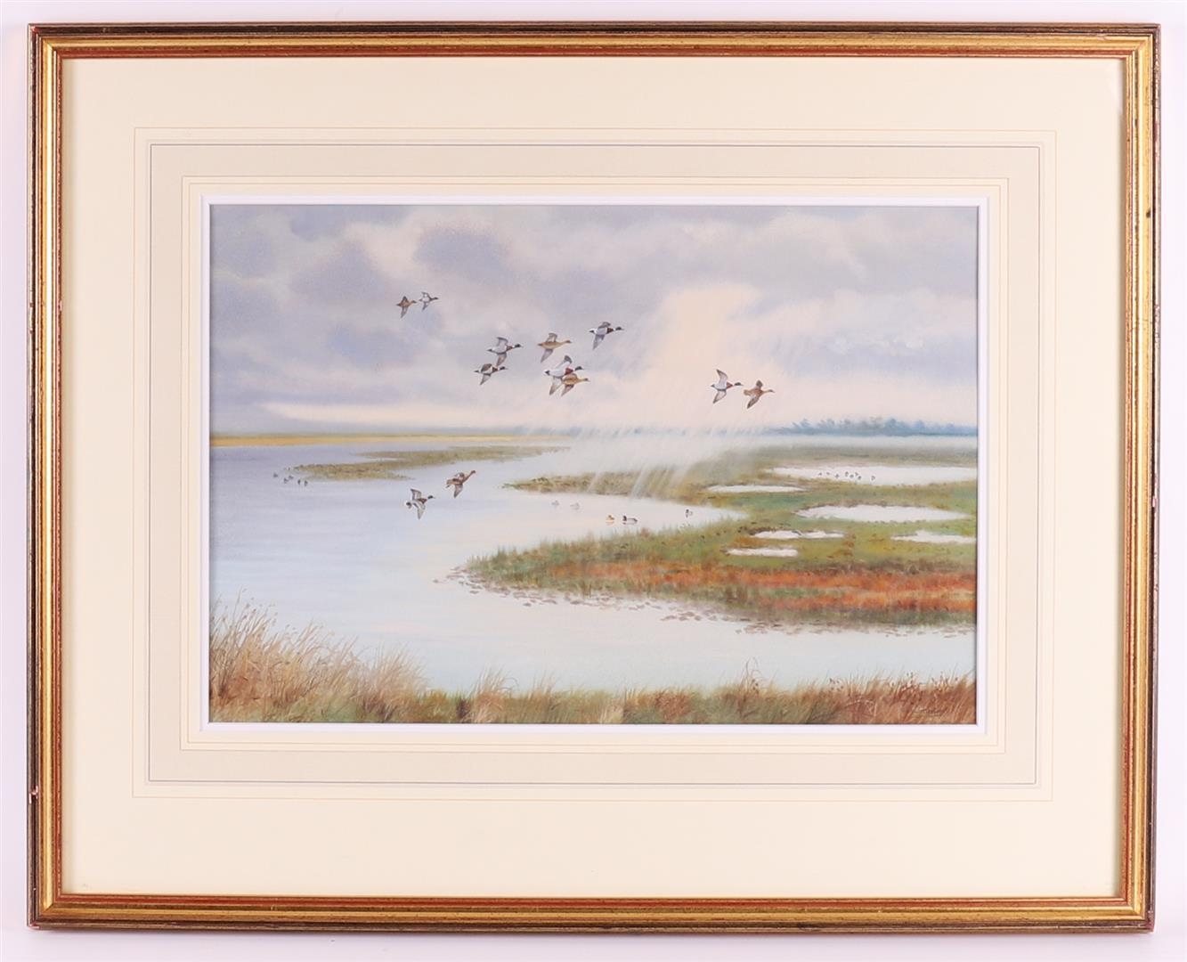 Richard Robjent | Flying ducks in a water landscape | MutualArt