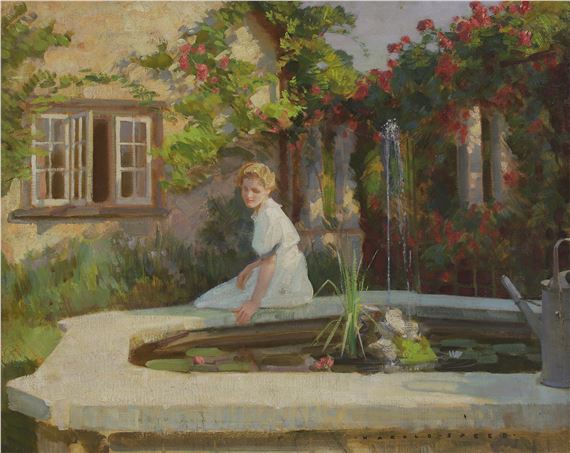 Harold Speed | A woman sitting by a fountain in a cottage garden (1872 ...