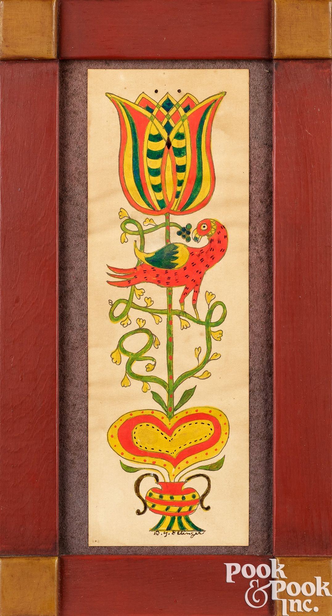 David Ellinger | fraktur of a bird perched on a potted tulip | MutualArt