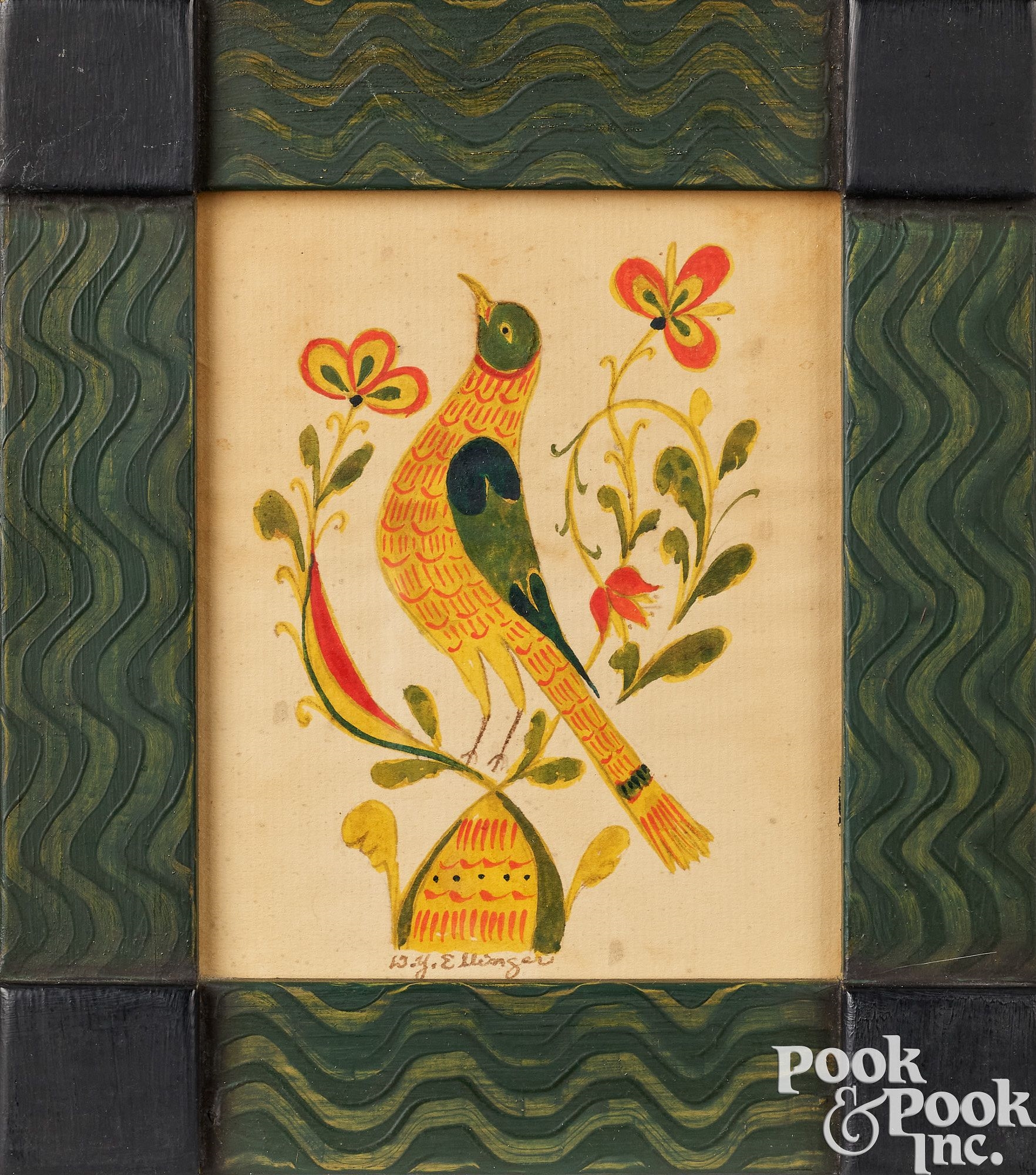 David Ellinger | fraktur of a bird perched on a floral branch | MutualArt