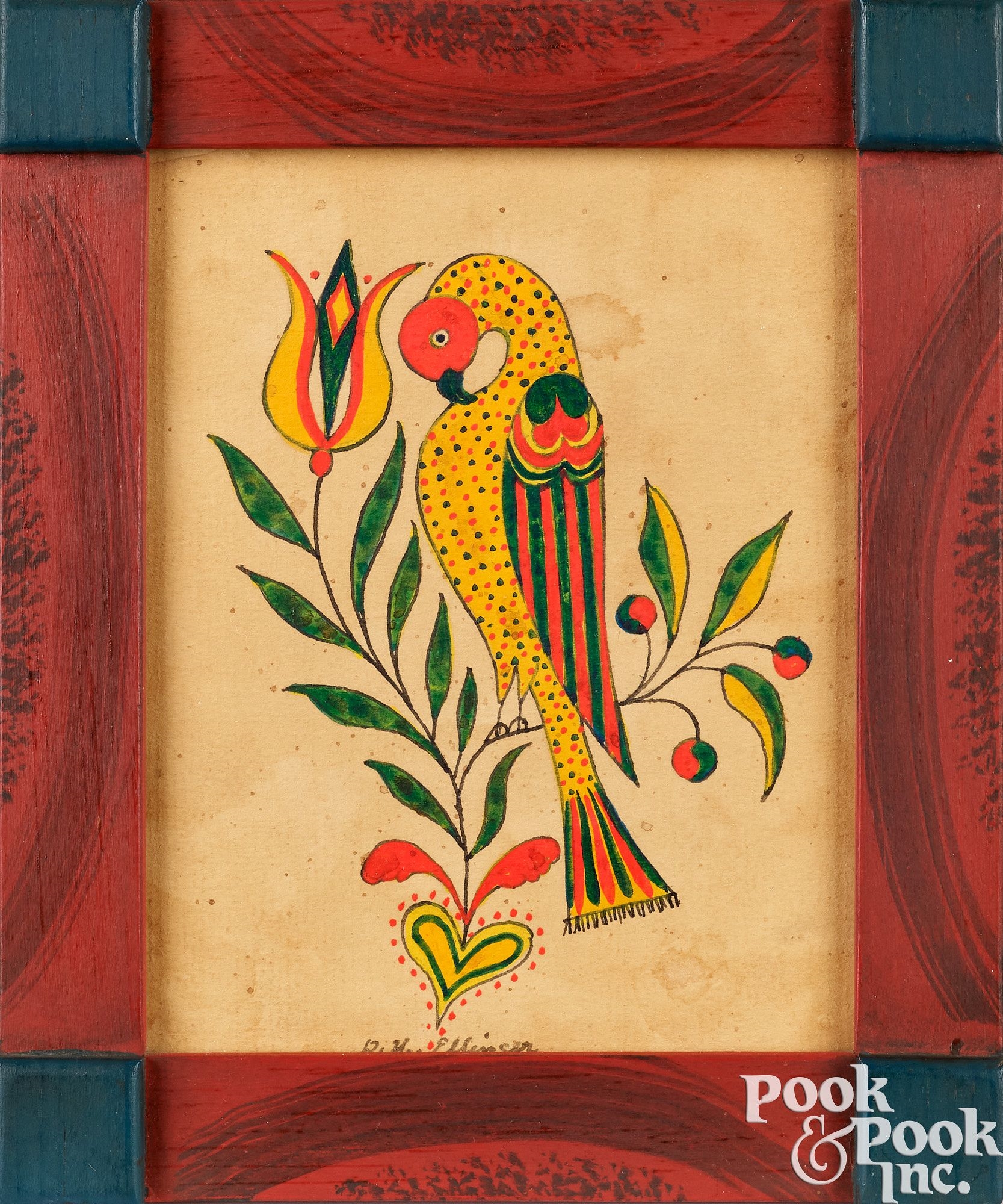 David Ellinger | fraktur of a bird perched on a tulip branch | MutualArt