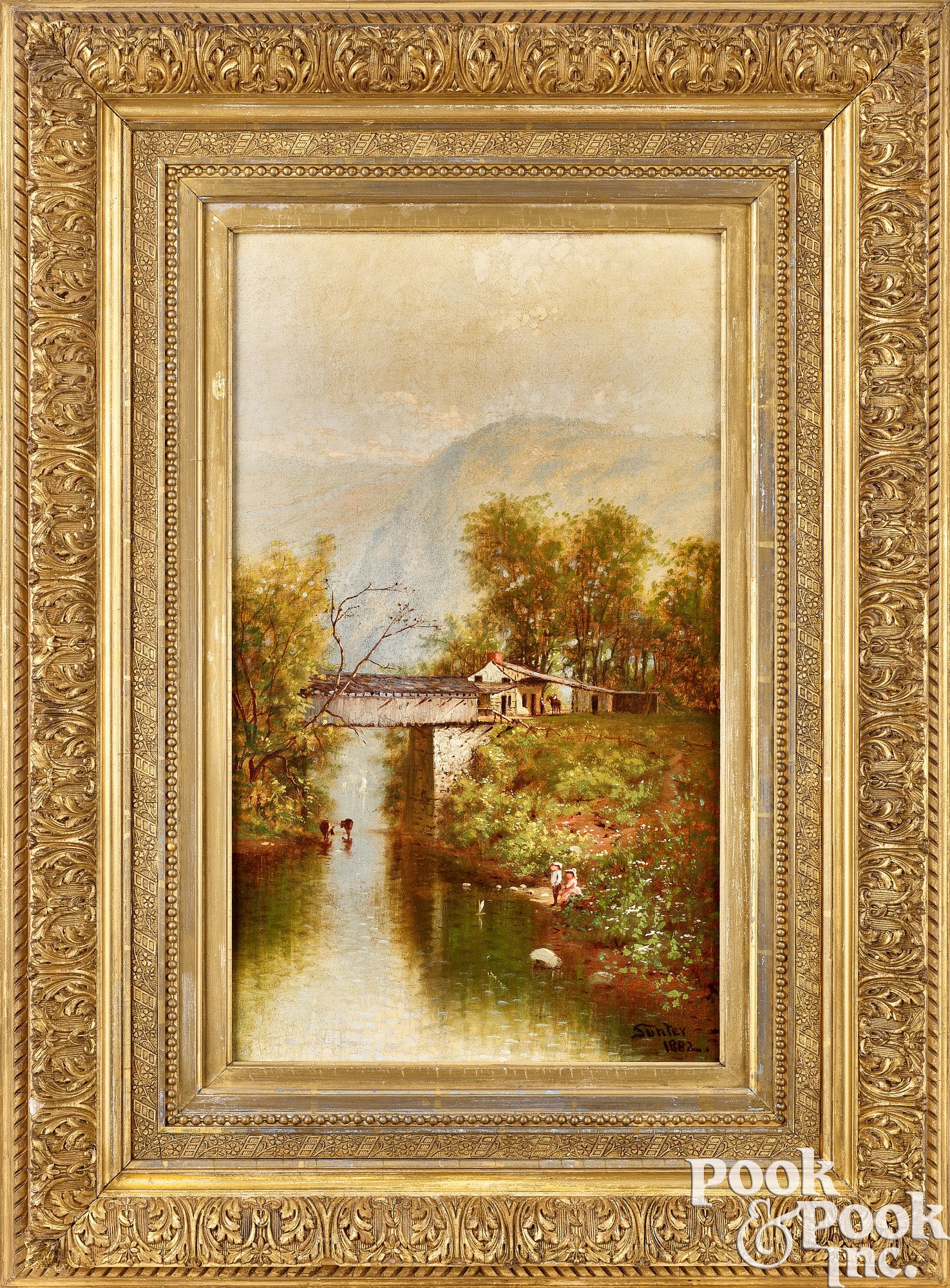 Harry J. Sunter | river landscape with covered bridge | MutualArt