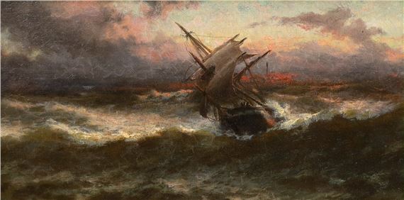 Thomas Rose Miles | Ship in a rough sea at sunset | MutualArt
