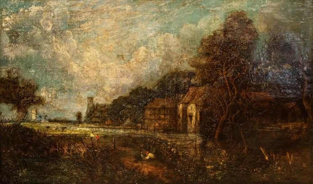 John Constable | Figures on riverbank with buildings beyond | MutualArt