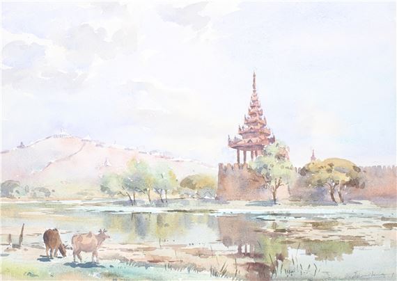 U Kin Maung | A river landscape with pagoda | MutualArt